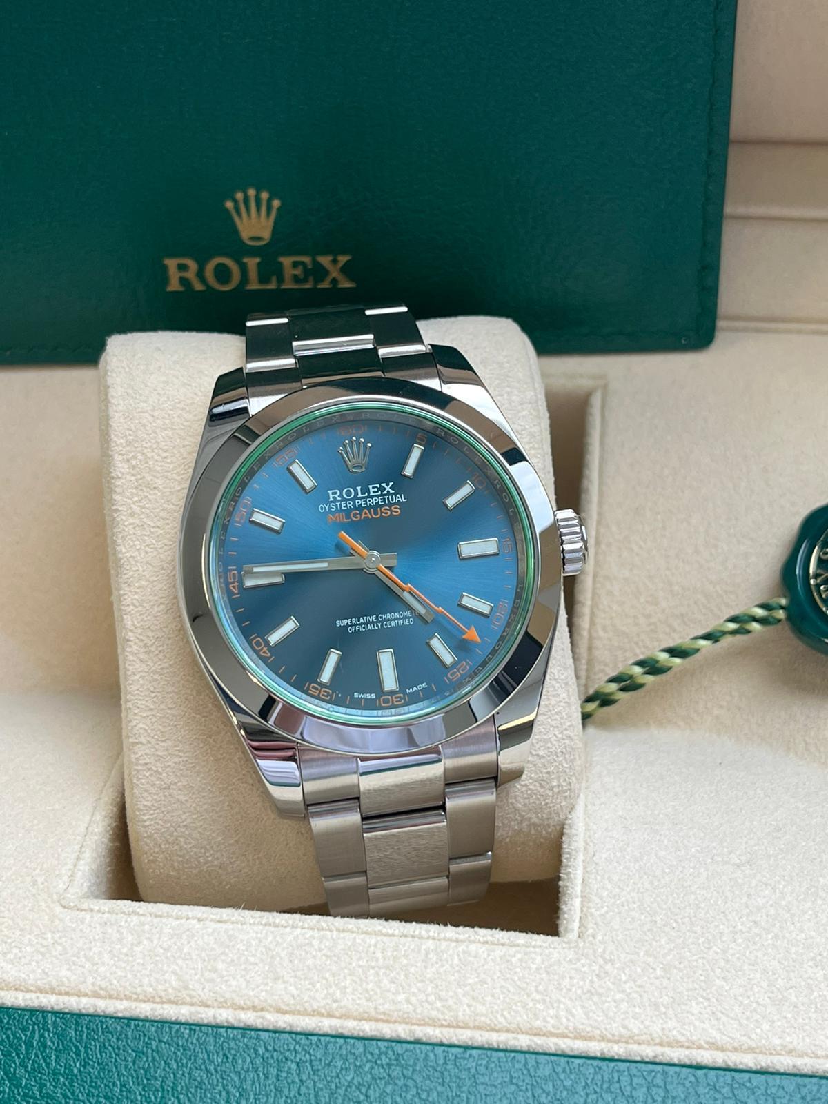 Rolex Milgauss Blue Dial Green Crystal Automatic Steel Watch 116400GV ...