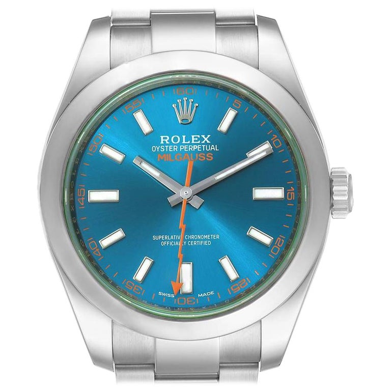 Rolex Milgauss Blue Dial Green Crystal Men's Watch 116400GV Box Card ...