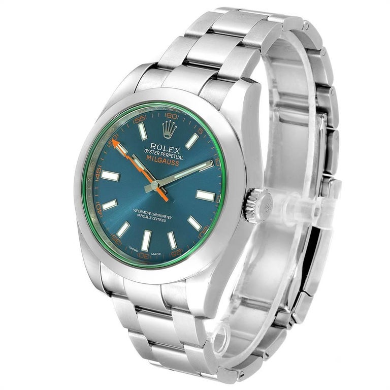 Rolex Milgauss Blue Dial Green Crystal Men's Watch 116400GV For Sale at ...
