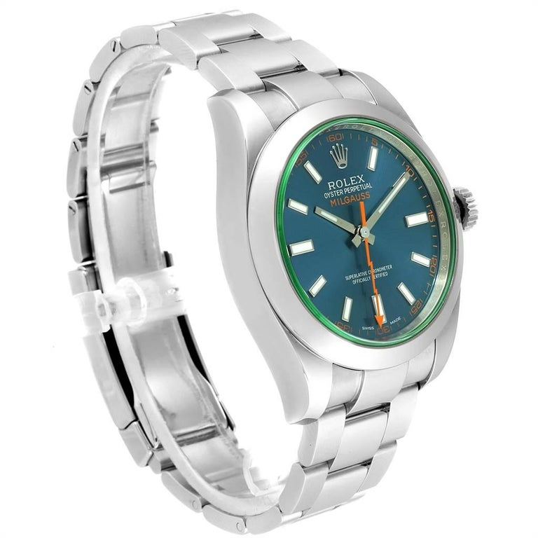 Rolex Milgauss Blue Dial Green Crystal Men's Watch 116400GV For Sale at ...
