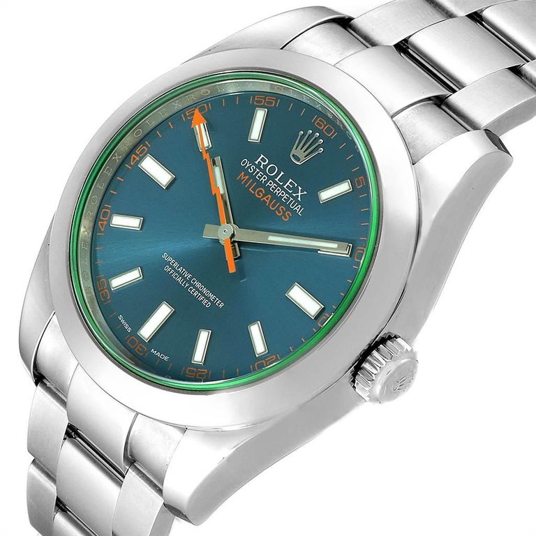 Rolex Milgauss Blue Dial Green Crystal Men's Watch 116400GV For Sale at ...