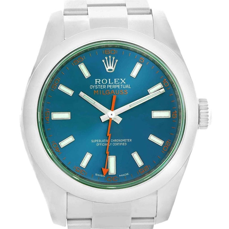 Rolex Milgauss Blue Dial Green Crystal Men's Watch 116400GV For Sale at ...