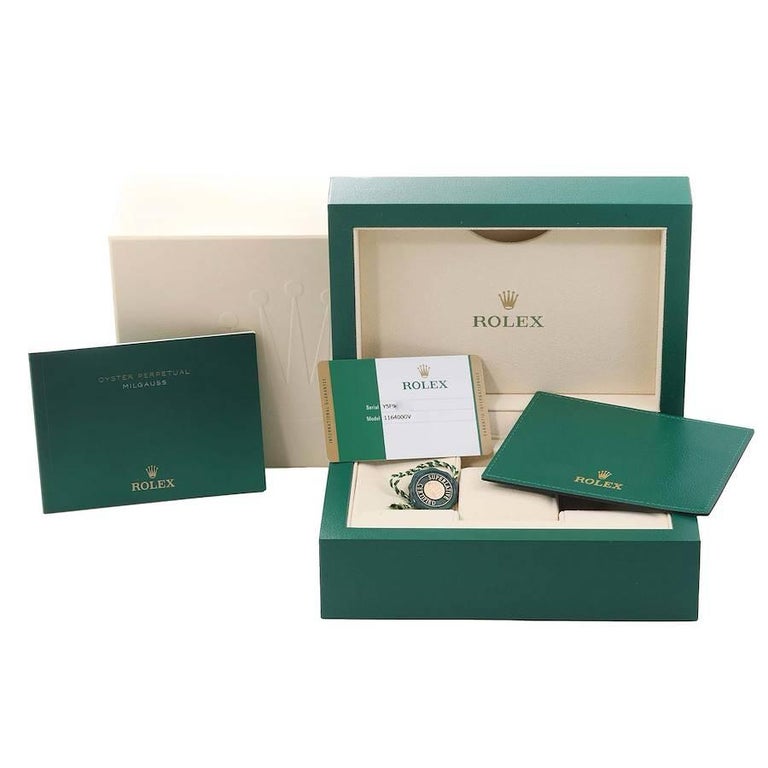 Rolex Milgauss Blue Dial Green Crystal Steel Mens Watch 116400GV Box ...