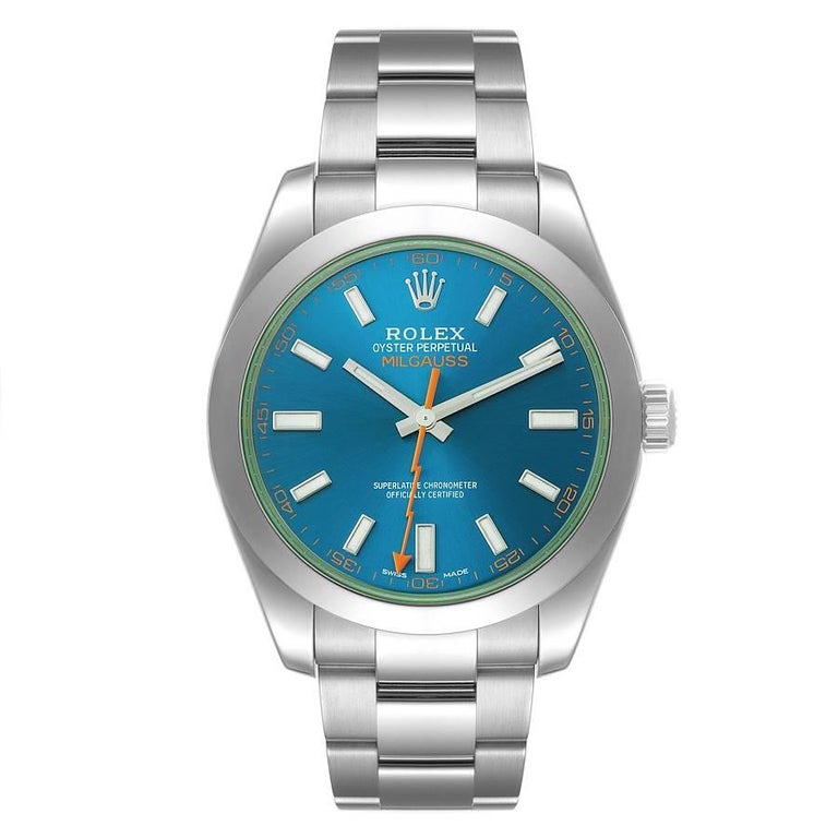 Rolex Milgauss Blue Dial Green Crystal Steel Mens Watch 116400GV Unworn ...