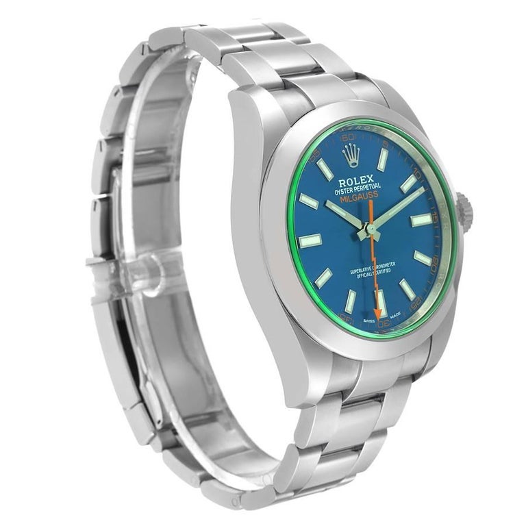 Rolex Milgauss Blue Dial Green Crystal Steel Mens Watch 116400GV Unworn ...