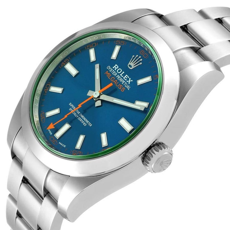 Rolex Milgauss Blue Dial Green Crystal Steel Mens Watch 116400GV Unworn ...