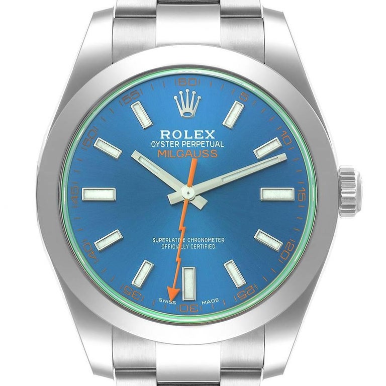 Rolex Milgauss Blue Dial Green Crystal Steel Mens Watch 116400GV Unworn ...
