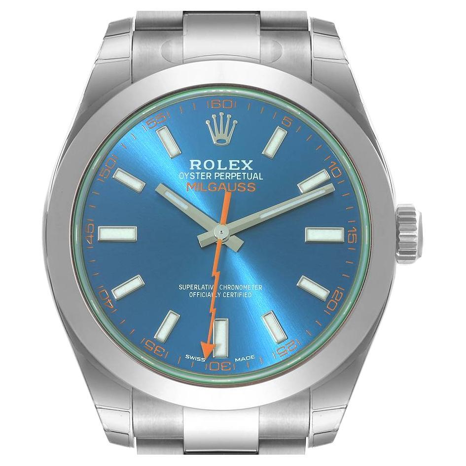 Rolex Milgauss Blue Dial Green Crystal Steel Mens Watch 116400GV Unworn ...