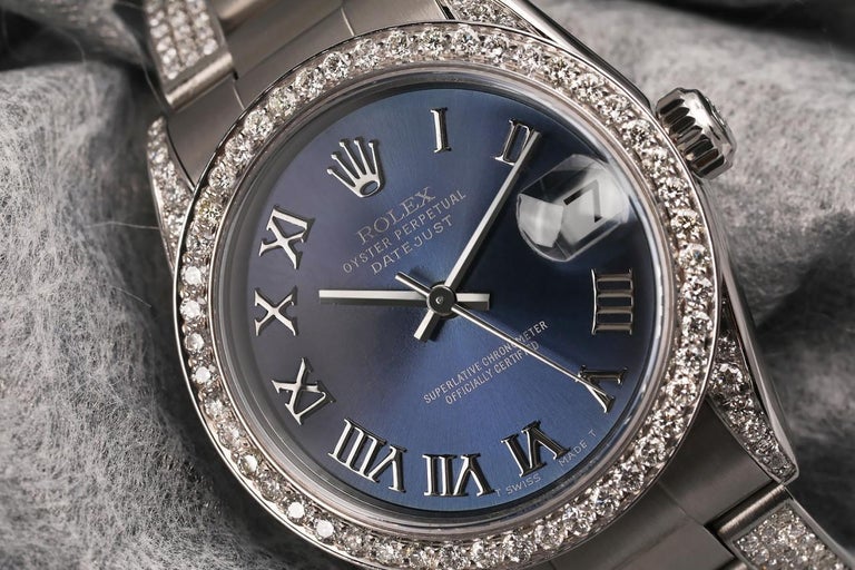 Rolex Navy Roman 36mm Datejust S/S Oyster Perpetual Diamond Side Band ...
