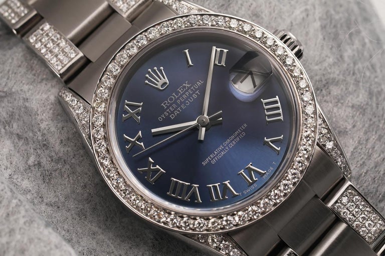 Rolex Navy Roman 36mm Datejust S/S Oyster Perpetual Diamond Side Band ...