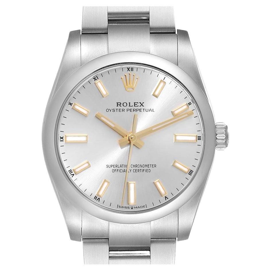 Rolex Oyster Perpetual 34mm Silver Dial Steel Mens Watch 124200 Box Card For Sale at 1stDibs