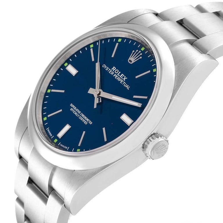Rolex Oyster Perpetual Blue Dial Steel Mens Watch 114300 Box Card at ...