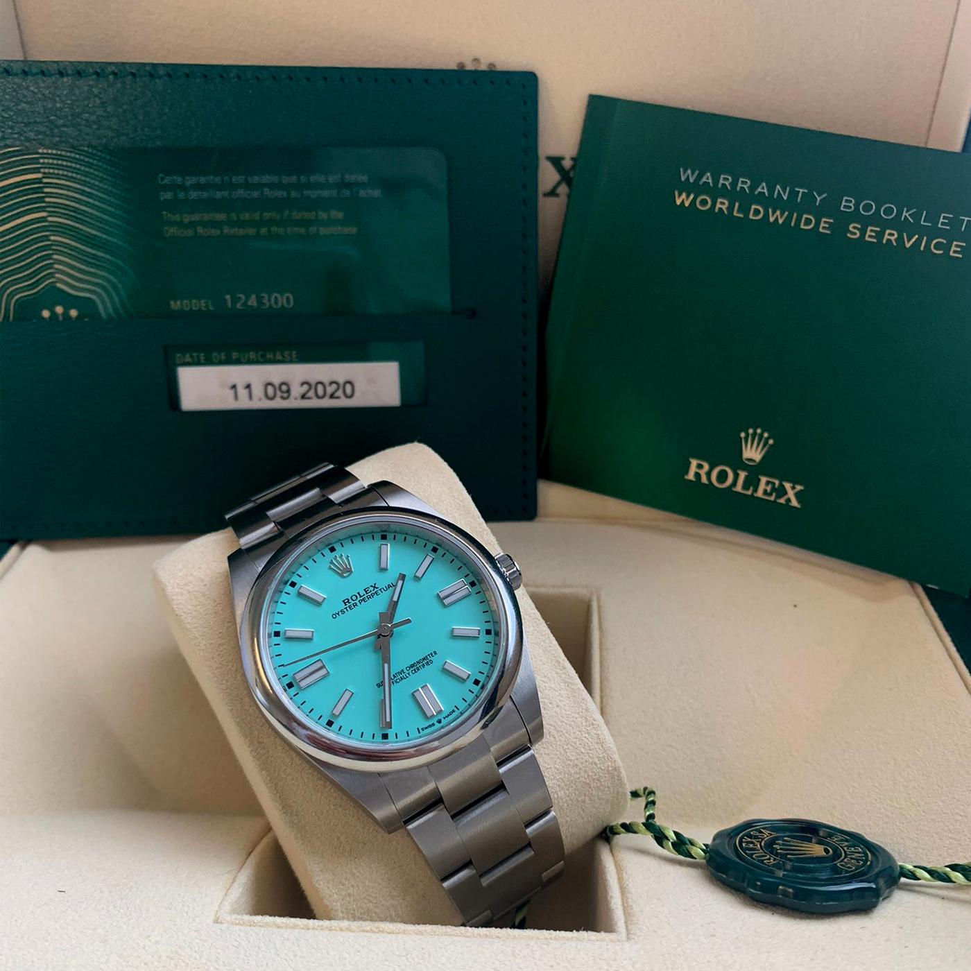 Rolex Oyster Perpetual Turquoise Blue Dial Stainless Steel Watch 124300 ...