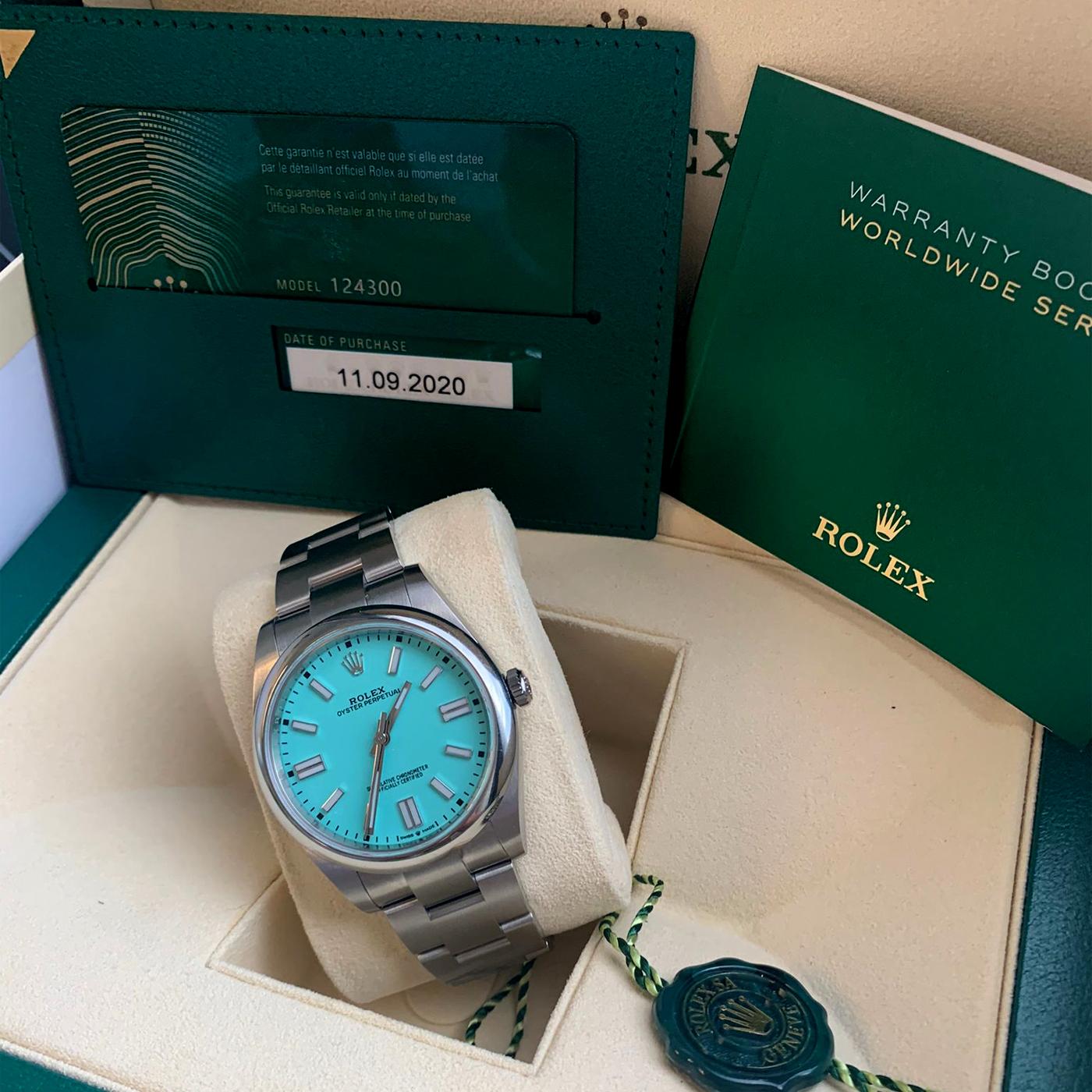 Rolex Oyster Perpetual Turquoise Blue Dial Stainless Steel Watch 124300 ...