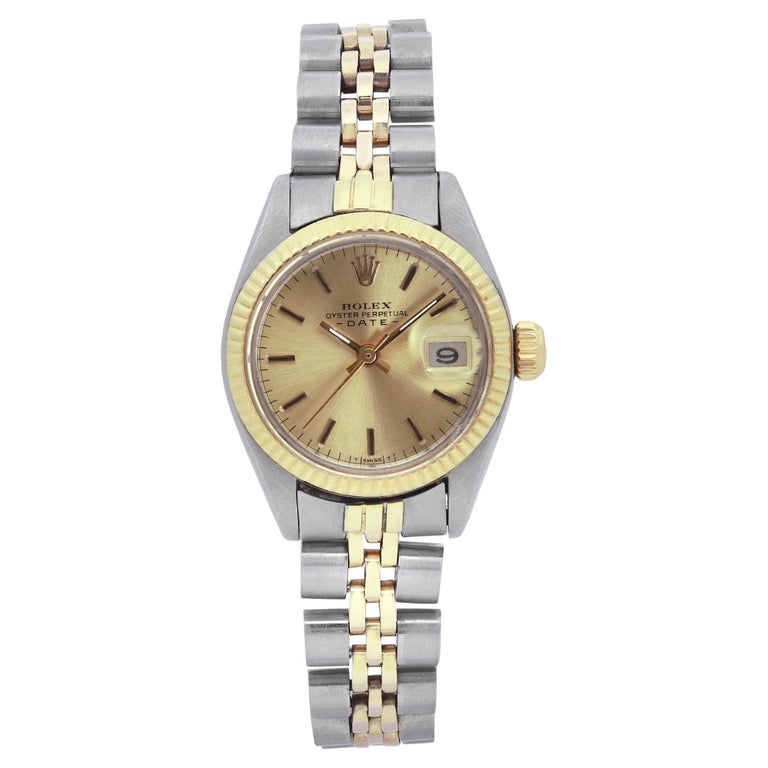 Rolex Oyster Perpetual Date Champagne Dial 14K Yellow Gold Steel Watch ...