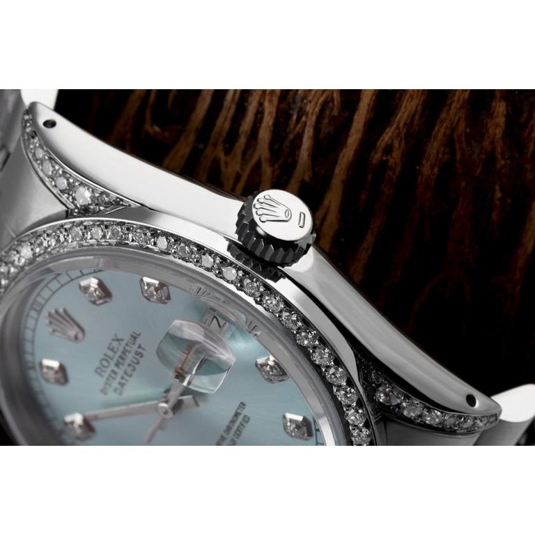 Rolex Oyster Perpetual Datejust Ice Blue Face with Baguette Watch 16014 ...