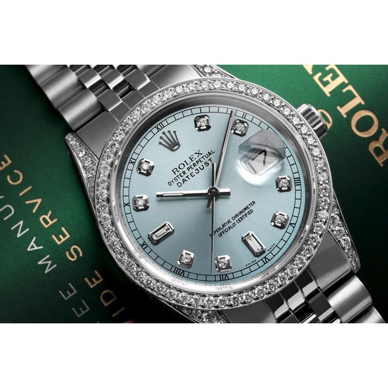 Rolex Oyster Perpetual Datejust Ice Blue Face with Baguette Watch 16014 ...