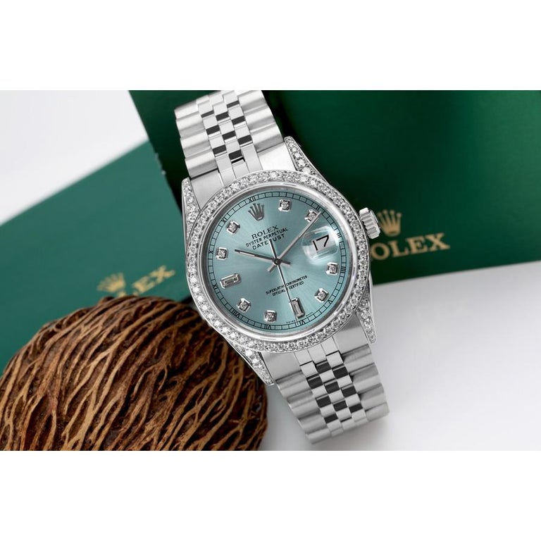 Rolex Oyster Perpetual Datejust Ice Blue Face with Baguette Watch 16014 ...