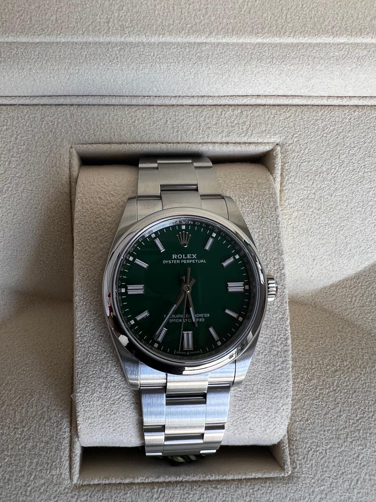 Rolex Oyster Perpetual Green Dial Steel Mens Watch 126000 Full Set 2023 ...
