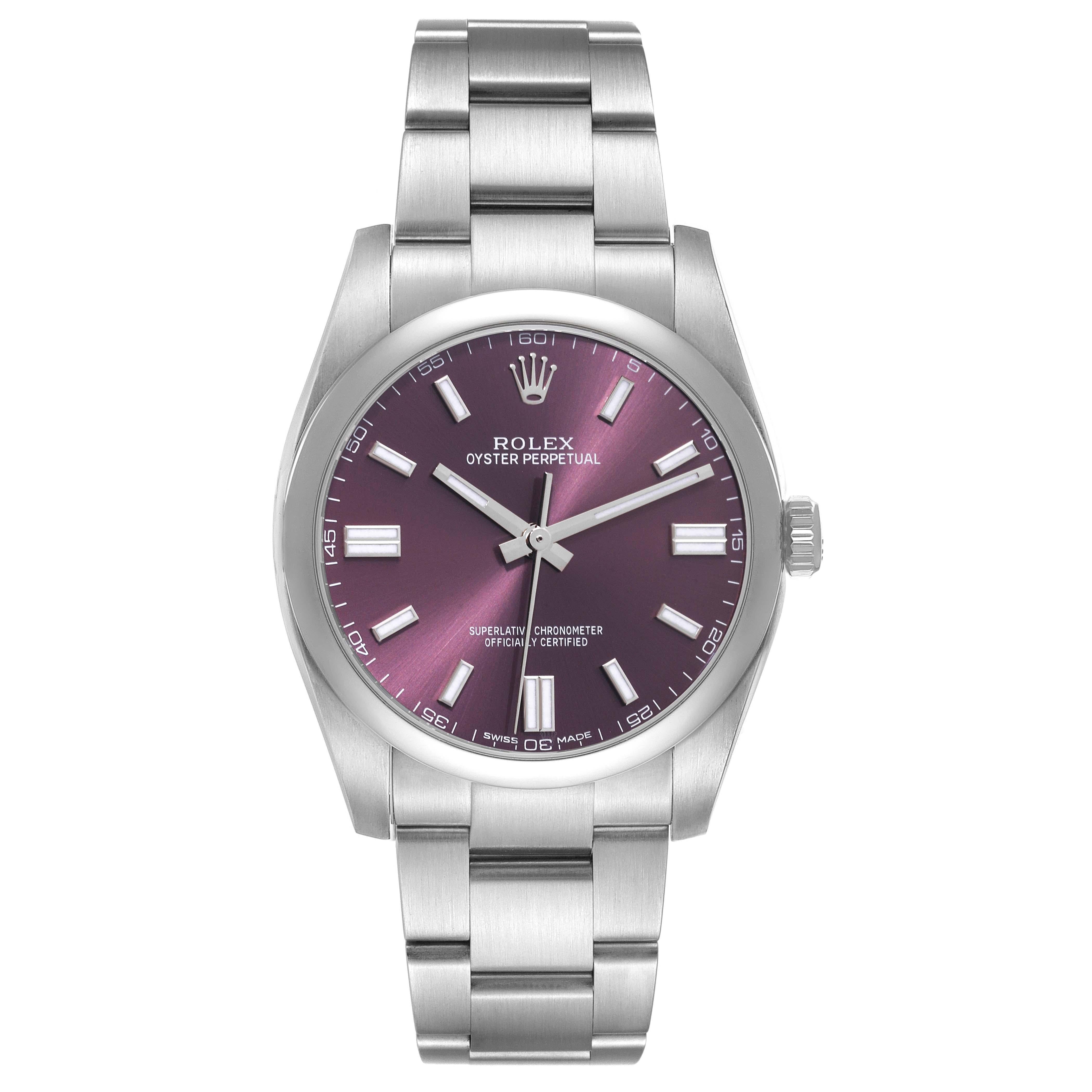 Rolex Oyster Perpetual Red Grape Dial Steel Mens Watch 116000 Box Card ...
