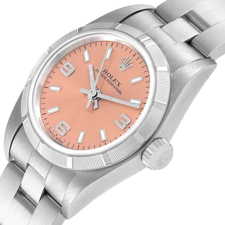 Rolex Oyster Perpetual Salmon Dial Engine-Turned Bezel Steel Ladies ...