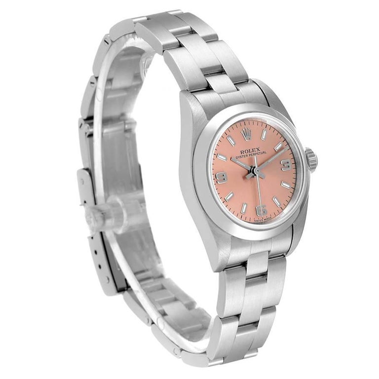 Rolex Oyster Perpetual Salmon Dial Smooth Bezel Steel Ladies Watch ...