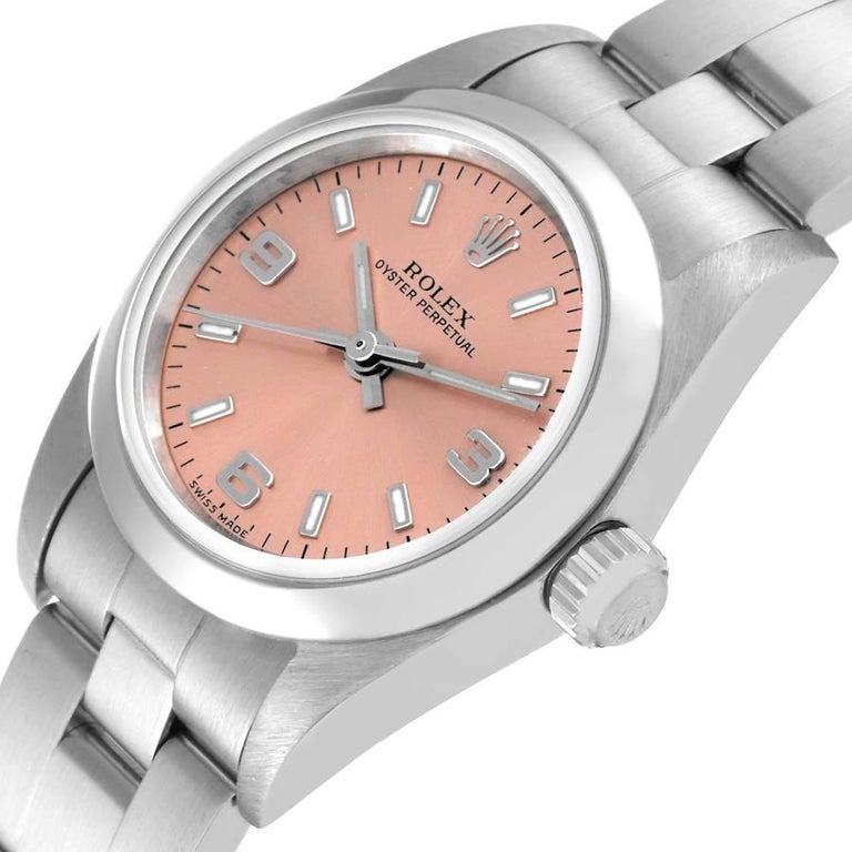 Rolex Oyster Perpetual Salmon Dial Smooth Bezel Steel Ladies Watch ...