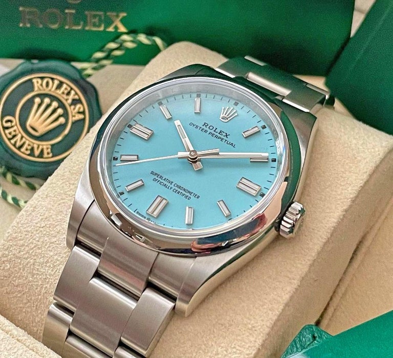Rolex Oyster Perpetual Turquoise Blue Tiffany Dial 126000 Unworn Watch ...