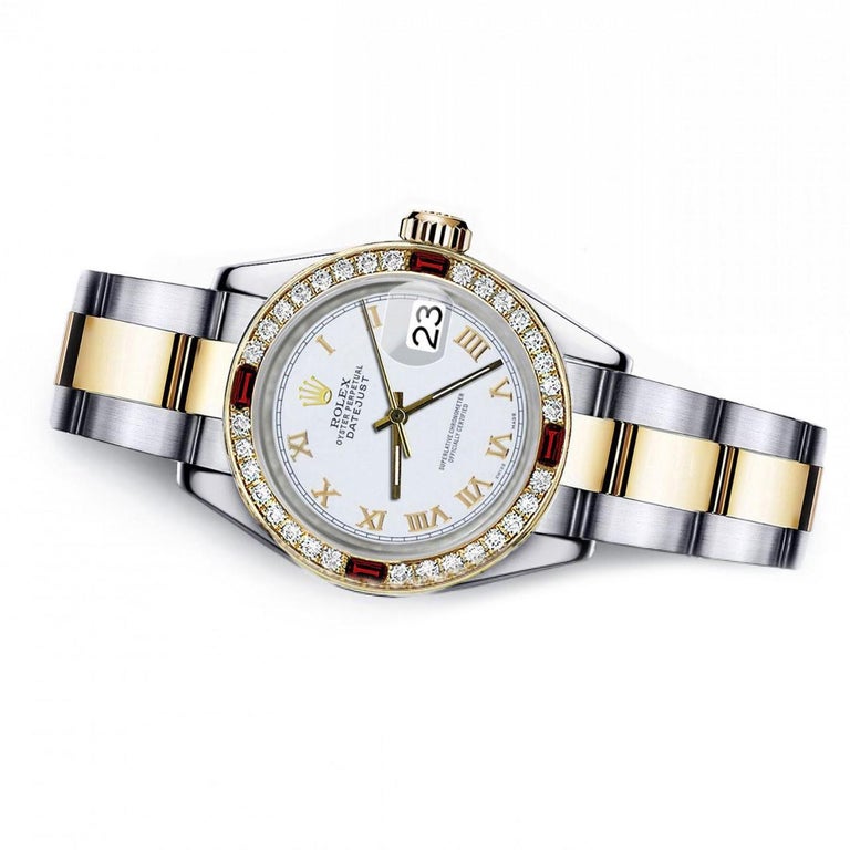 Rolex Pearl White Roman Datejust Two Tone Diamonds + Ruby Bezel Watch ...