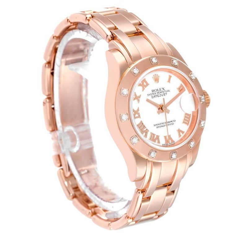 Rolex Pearlmaster Rose Gold White Roman Dial Diamond Ladies Watch 80315 ...