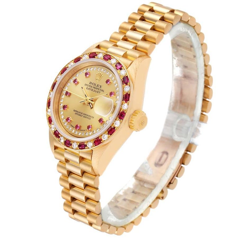 Rolex President 18k Yellow Gold Diamond Ruby Ladies Watch 69188 Box ...