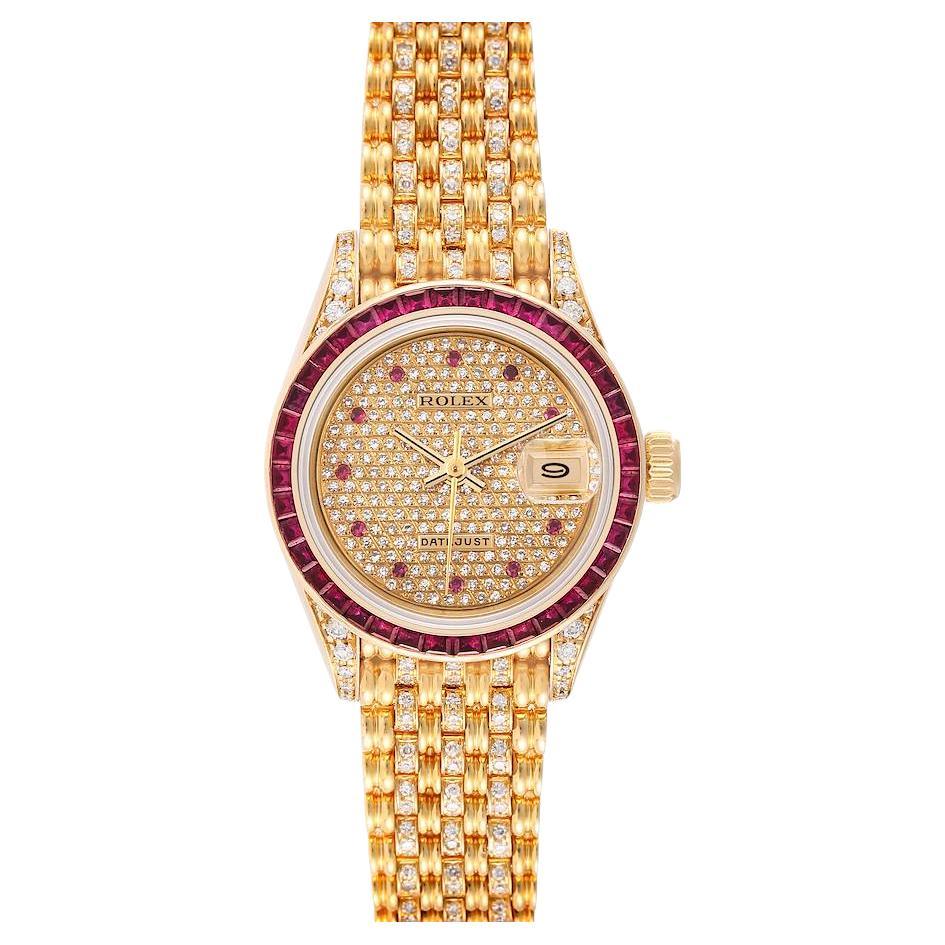Rolex President Yellow Gold String Dial Diamond Ruby Ladies Watch 69068 ...