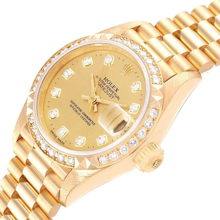 Rolex President 26 Yellow Gold Pyramid Bezel Diamond Ladies Watch 69268 ...