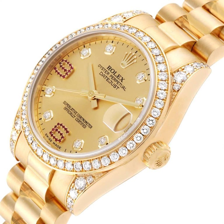 Rolex President 31 Midsize Yellow Gold Diamond Ruby Ladies Watch 178158 ...