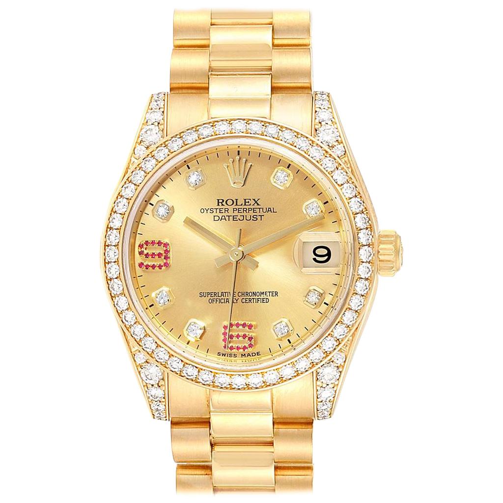 Rolex President 31 Midsize Yellow Gold Diamond Ruby Ladies Watch 178158 ...