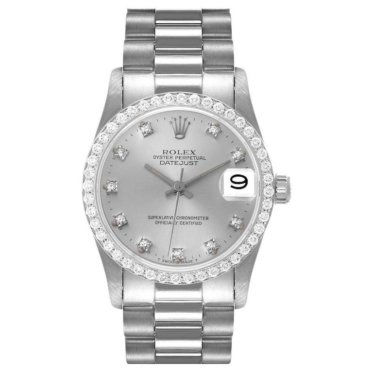 Rolex President Datejust Midsize White Gold Diamond Ladies Watch 68289 ...