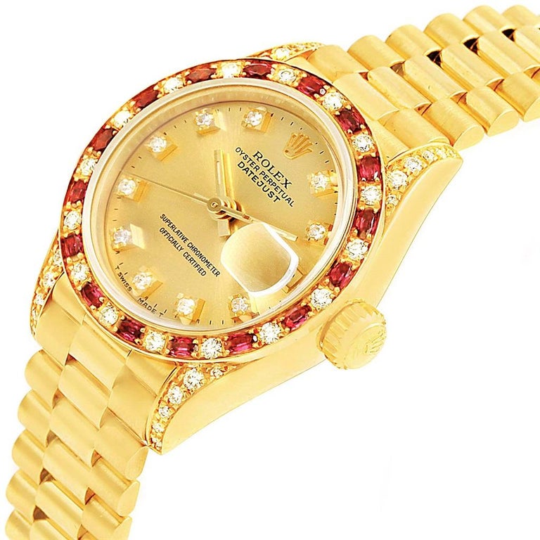 Rolex President Datejust Yellow Gold Diamond Ruby Ladies Watch 69198 ...