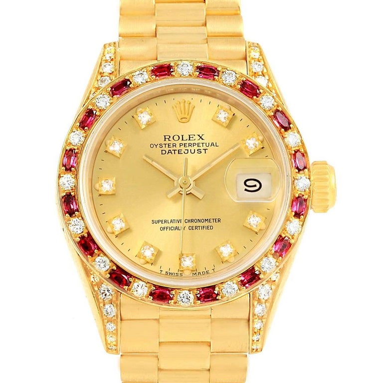 Rolex President Datejust Yellow Gold Diamond Ruby Ladies Watch 69198 ...