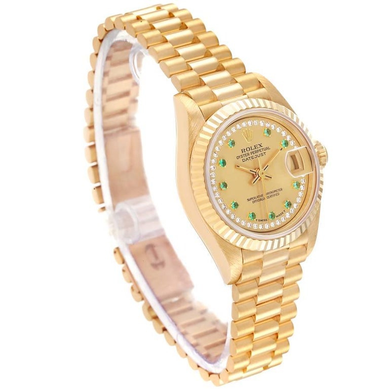 Rolex President Datejust Yellow Gold String Diamond Emerald Ladies ...