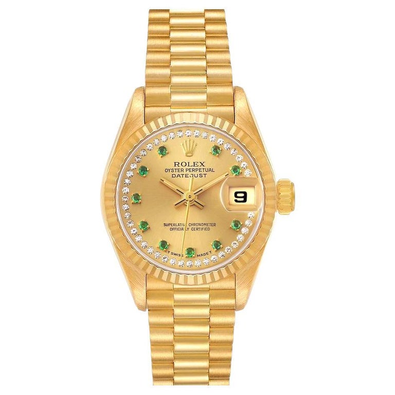 Rolex President Datejust Yellow Gold String Diamond Emerald Ladies ...