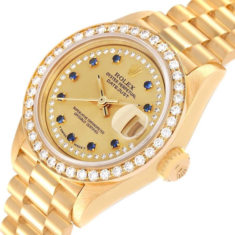 Rolex President Datejust Yellow Gold String Diamond Sapphires Ladies ...