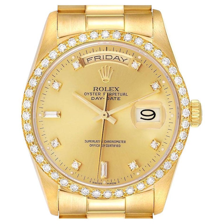 Rolex President Day Date Yellow Gold Diamond Mens Watch 18348 at 1stDibs