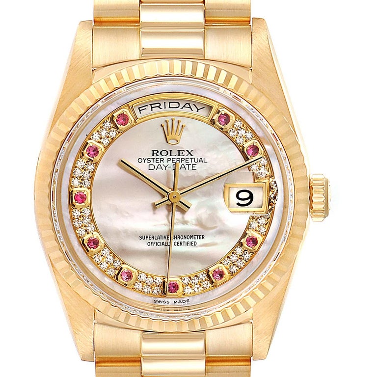 Rolex President Day-Date Gold MOP Myriad Diamond Ruby Men's Watch 18288 ...