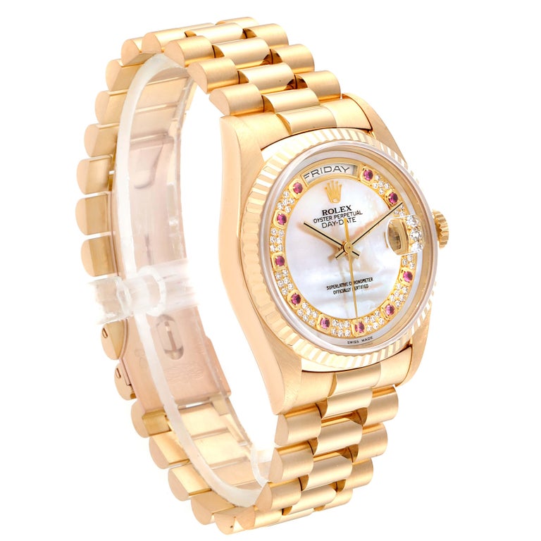 Rolex President Day-Date Gold MOP Myriad Diamond Ruby Men's Watch 18288 ...
