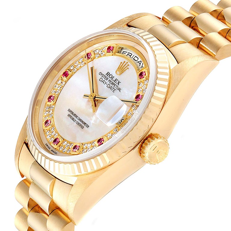 Rolex President Day-Date Gold MOP Myriad Diamond Ruby Men's Watch 18288 ...