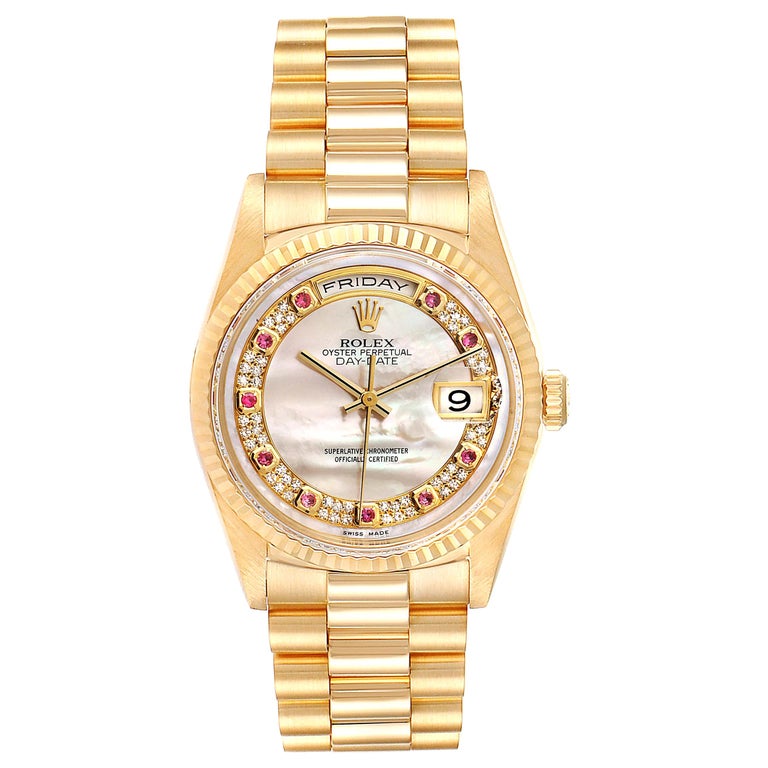 Rolex President Day-Date Gold MOP Myriad Diamond Ruby Men's Watch 18288 ...