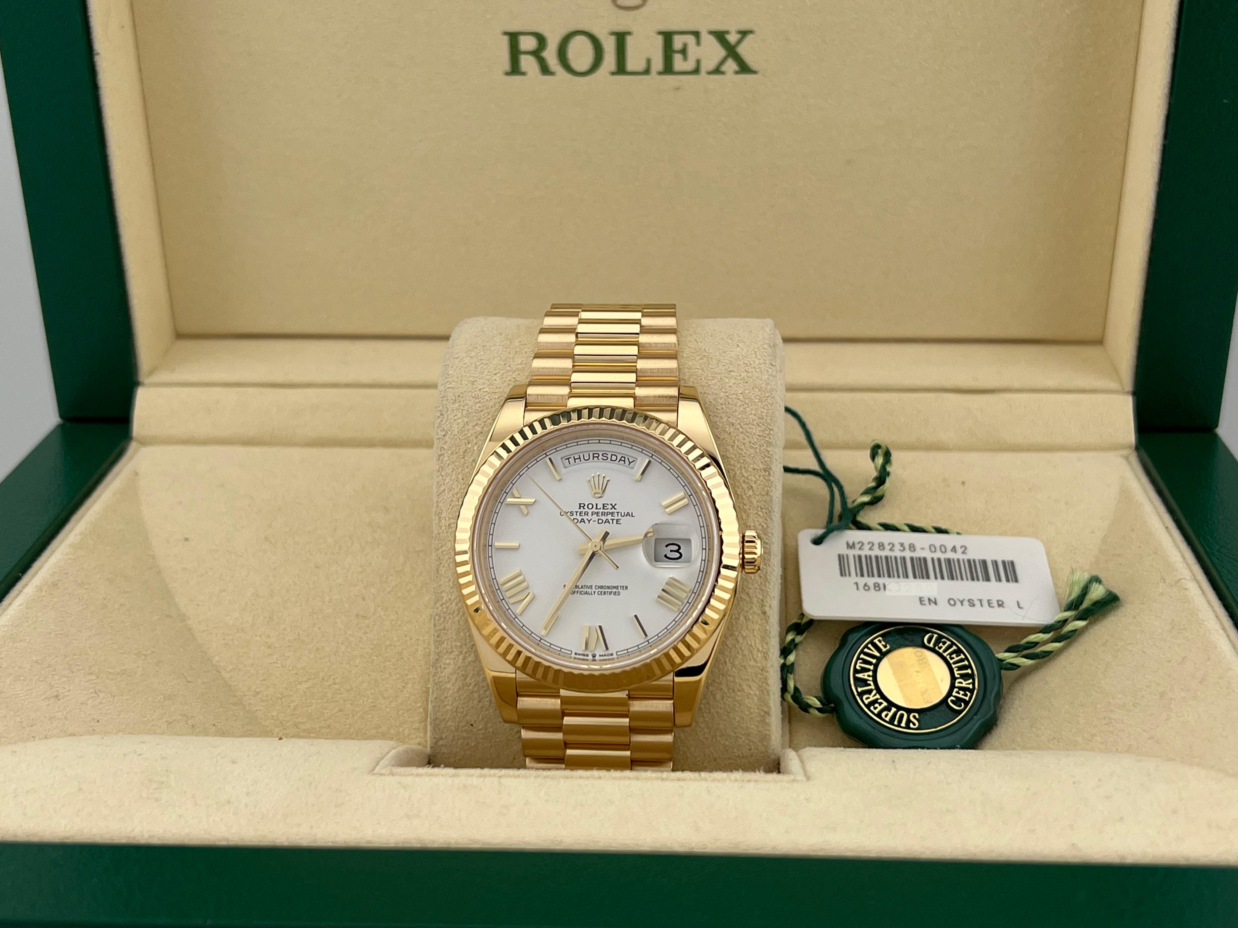 Rolex President Day Date II 228238 40mm White Roman 18K Yellow Gold Box Receipt For Sale at 1stDibs