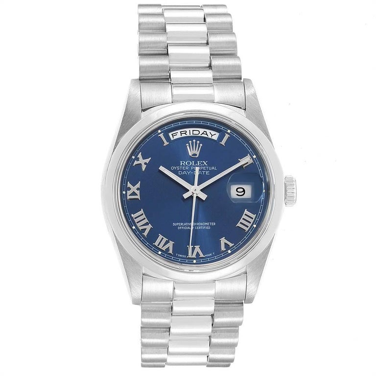 Rolex President Day-Date Platinum Blue Roman Dial Watch 18206 For Sale ...