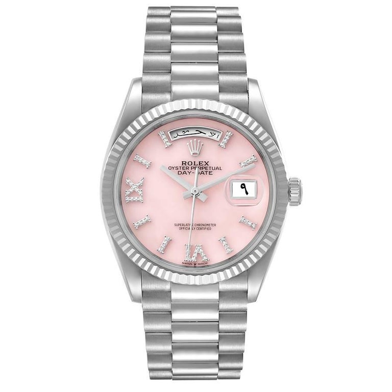 Rolex President Day-Date White Gold Pink Opal Diamond Dial Watch 128239 ...
