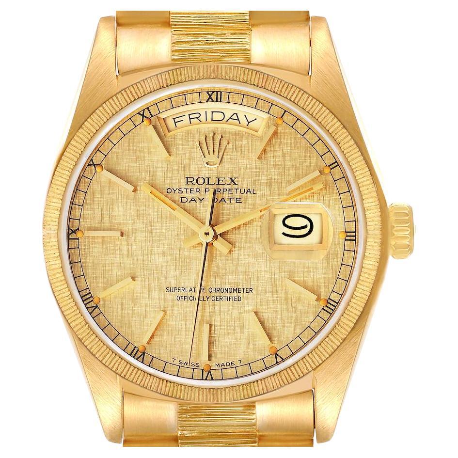 Rolex President Day-Date Yellow Gold Bark Finish Linen Dial Mens Watch ...